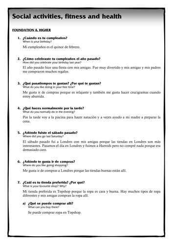 Spanish Edexcel Questions- Health & Fitness | Teaching Resources