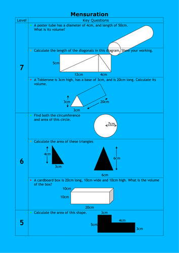 Shape & Measure Questions:Mensuration Level Ladder | Teaching Resources