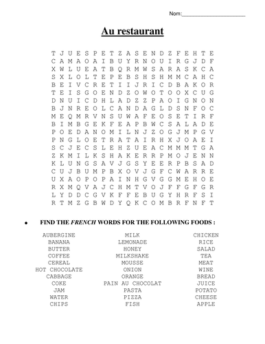 Au restaurant wordsearch by tgroskop - Teaching Resources - Tes