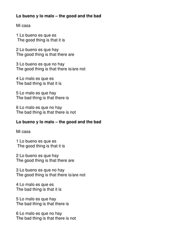 Spanish Home & Adjectives - lo bueno y lo malo | Teaching Resources