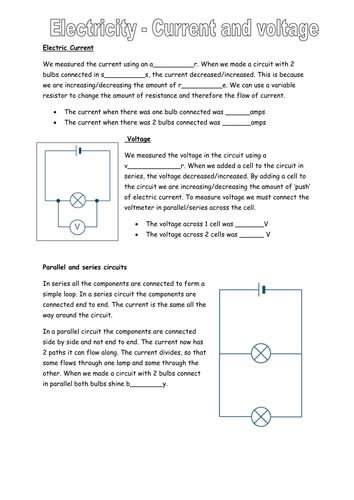 Voltage and Current worksheet | Teaching Resources