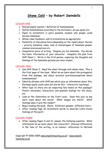 Stone Cold by Robert Swindells. (Year 9) | Teaching Resources