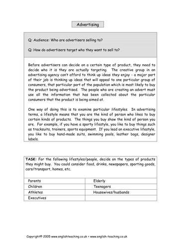 Advertising: Analysis of Audience | Teaching Resources