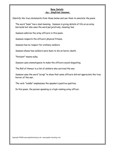 War Poetry: 'Base Details' by Siegfried Sassoon | Teaching Resources