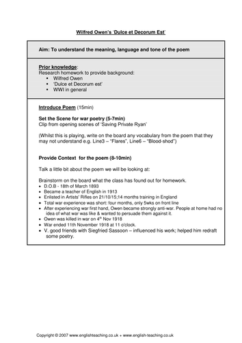 War Poetry - ‘Dulce et Decorum Est’ | Teaching Resources