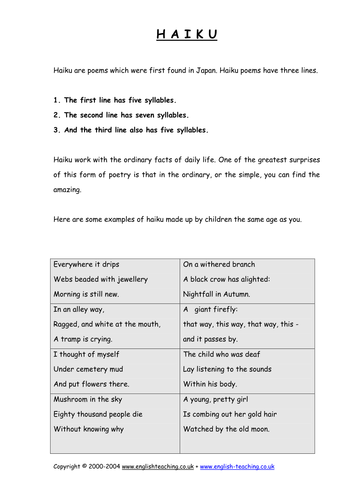 Forms of Poetry. Haiku. The seasons | Teaching Resources