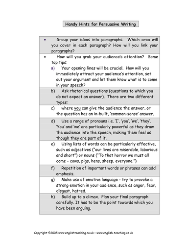 Persuasive Writing: Handy Hints | Teaching Resources