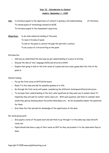 Auden, W. H.: Poetry Lesson Plan | Teaching Resources