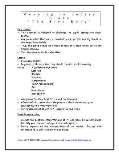 William Blake: 'The Sick Rose'. | Teaching Resources