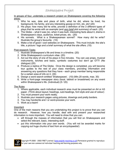 Shakespeare Research Project | Teaching Resources