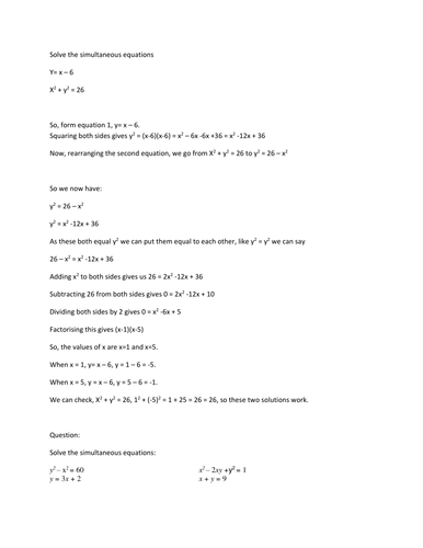 Solve Simultaneous equations where one's quadratic | Teaching Resources
