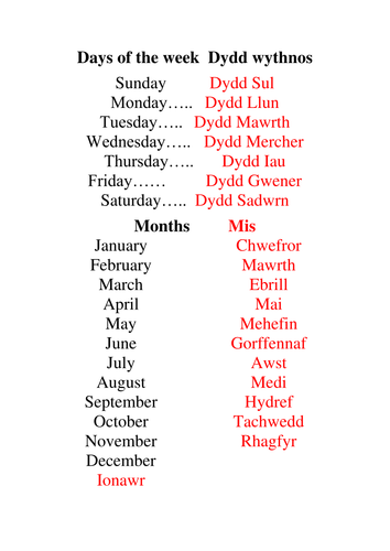 Days and Months in Welsh by handywoman - Teaching Resources - Tes