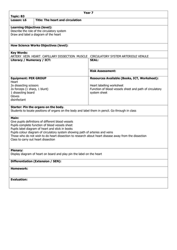 B3 L6 Heart lesson plan HT | Teaching Resources
