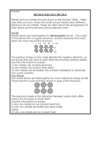 Metals and non metal worksheet HT | Teaching Resources