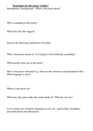 questions for GCSE poems clusters 1 and 2 | Teaching Resources