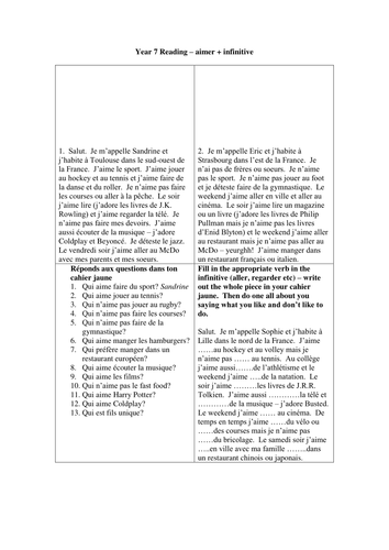 Aimer + infinitive reading and writing | Teaching Resources