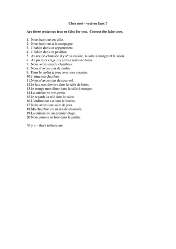 Chez moi - vrai ou faux | Teaching Resources Chez moi - vrai ou faux | Teaching Resources