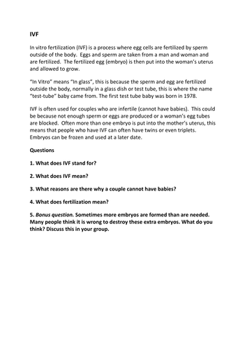 IVF worksheet HT | Teaching Resources