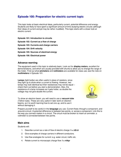 Preparation for electric current topic | Teaching Resources