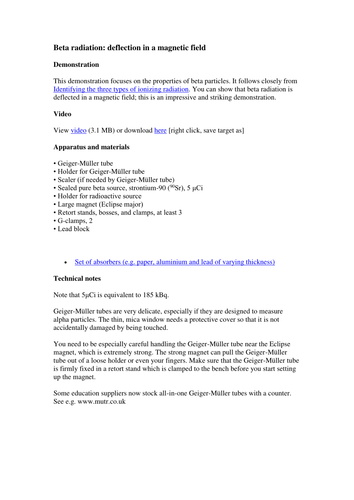 Beta radiation: deflection in a magnetic field | Teaching Resources