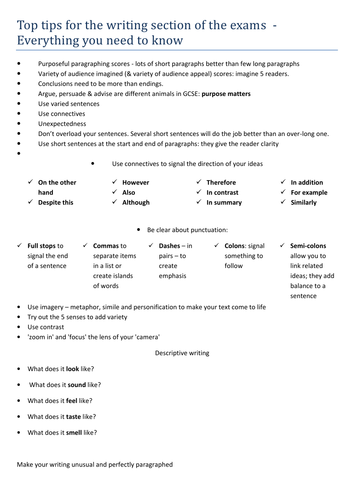 Top Tips for Writing Section of GCSE English Exams | Teaching Resources