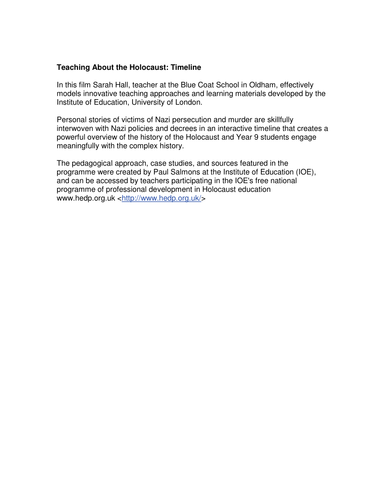 Teachers TV: Teaching About the Holocaust Timeline | Teaching Resources