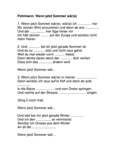 Pohlmann Wenn jetzt Sommer war gapfill | Teaching Resources