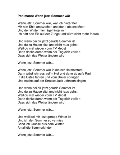 Pohlmann Wenn jetzt Sommer war | Teaching Resources