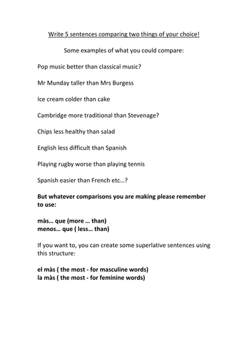 Plenary - comparisons task | Teaching Resources