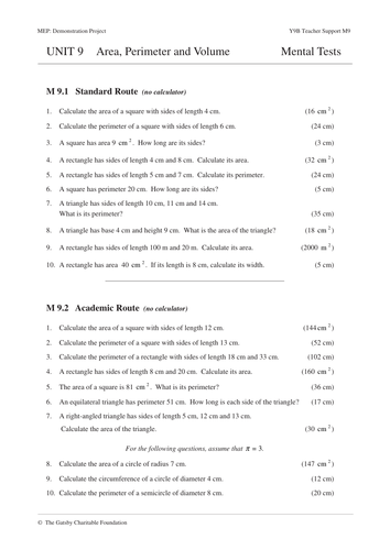 Area, Perimeter, Volume (MEP – Year 9 – Unit 9) | Teaching Resources