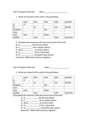 Yr9 Irregular Verbs Test | Teaching Resources