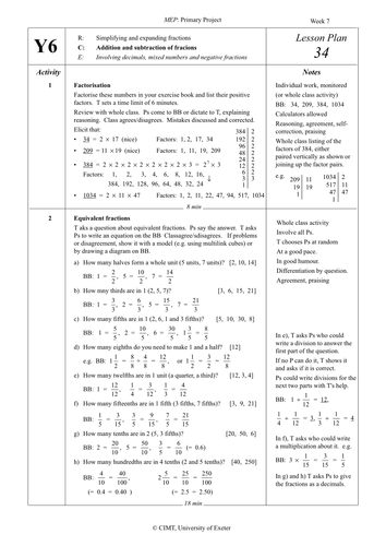 Yr 6 Fractions : Lesson 34 | Teaching Resources