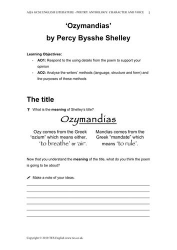 Teaching 'Ozymandias' by Percy Bysshe Shelley | Teaching Resources