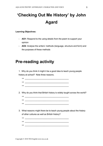 'Checking Out Me History' Agard Teaching Resources by TesEnglish ...