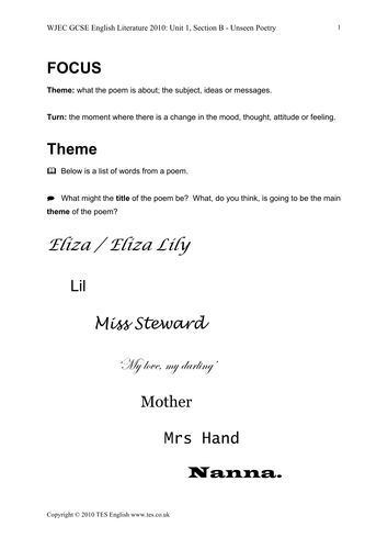 WJEC GCSE English Lit 2010 - Unseen Poetry 8 | Teaching Resources
