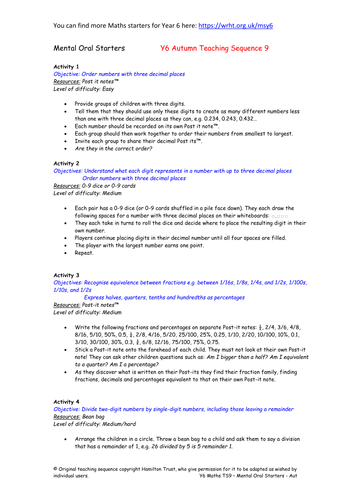 Mental Oral Starters - Year 6 | Teaching Resources