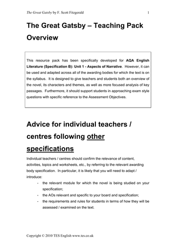 The Great Gatsby - Teaching Pack Overview | Teaching Resources