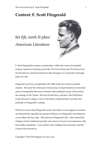 The Great Gatsby: Context - F. Scott Fitzgerald | Teaching Resources
