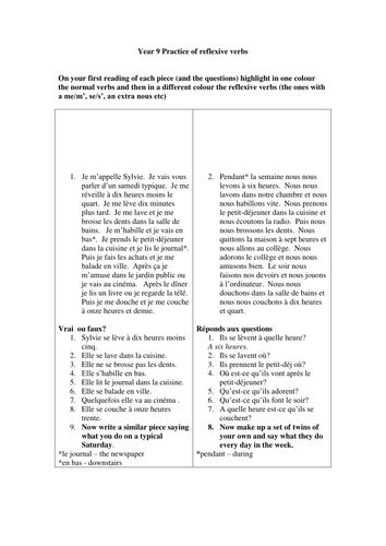 Reading: practice of reflexive verbs | Teaching Resources