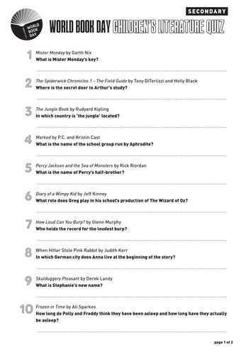 World Book Day Quiz and Answers - Secondary | Teaching Resources