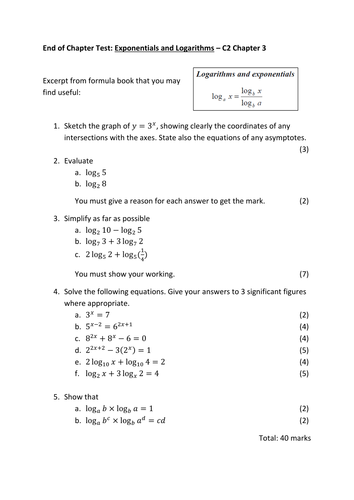 Logarithms and Exponentials: Revision Test C2 | Teaching Resources