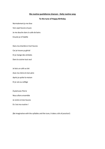 Ma routine quotidienne - song lyrics! | Teaching Resources