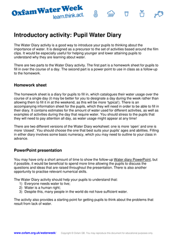 Oxfam Water Week: Water Diary Activity | Teaching Resources