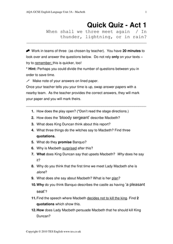 Macbeth by William Shakespeare - Quick Quizzes | Teaching Resources