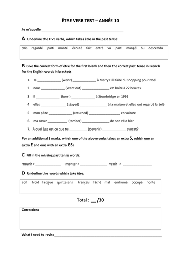 êTRE verbs test in French | Teaching Resources