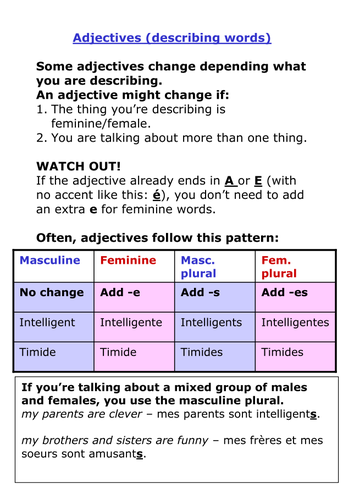 Adjective endings handout | Teaching Resources