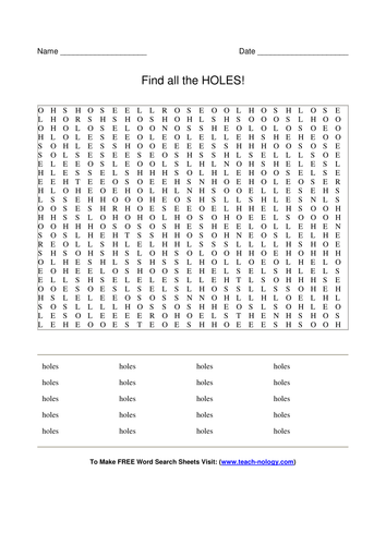 Holes Wordsearch- find all the holes! | Teaching Resources