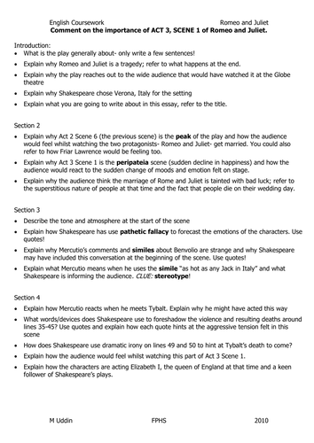 Romeo and Juliet essay plan Act 3 Scene 1 | Teaching Resources