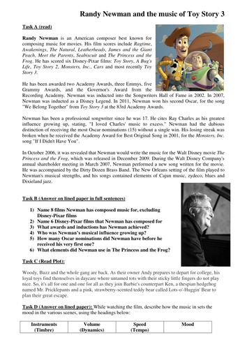 'Randy Newman and Toy Story' Pupil Worksheet | Teaching Resources