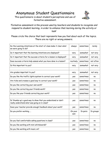 Formative Assessment Questionaire | Teaching Resources